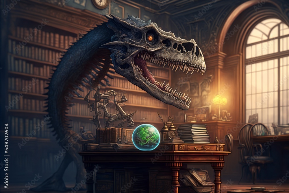 Dragon skull skeleton in a fantasy library interior illustration ...