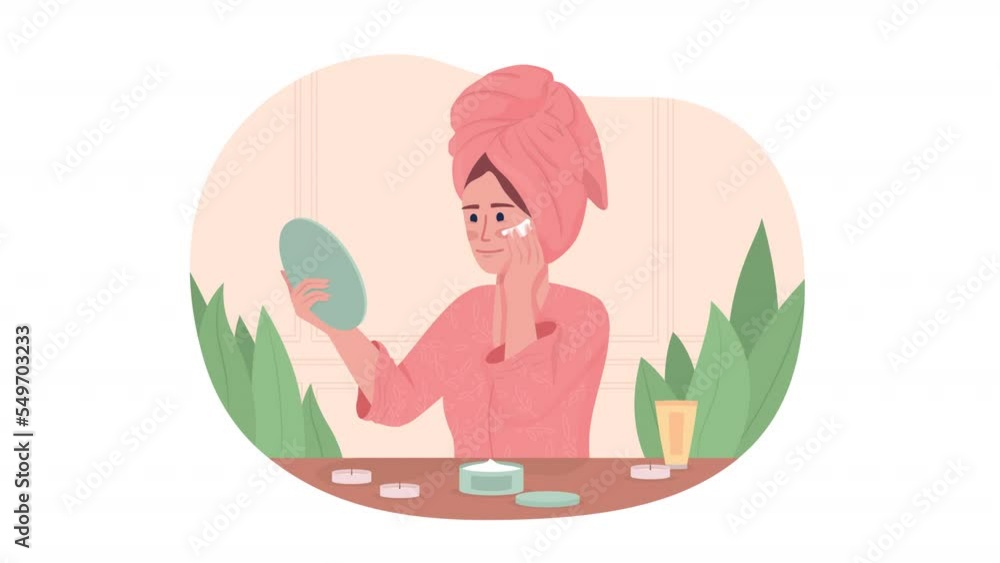 Animated isolated skin care routine. Applying cream on face. Looped ...