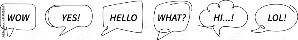 Speech bubbles one line design. Continuous lines messages clouds, various outline dialogue forms ...