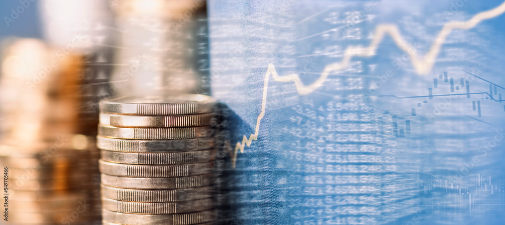Stack of money with chart and rising curve and price charts as a symbol ...