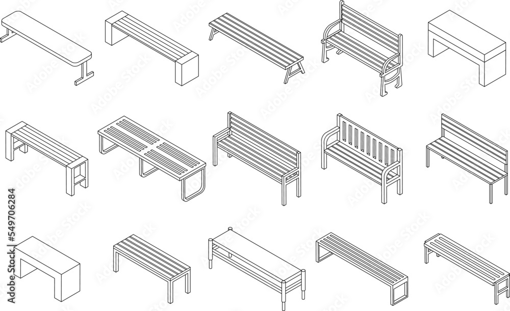 Bench icons set. Isometric set of bench vector icons outline vector on ...