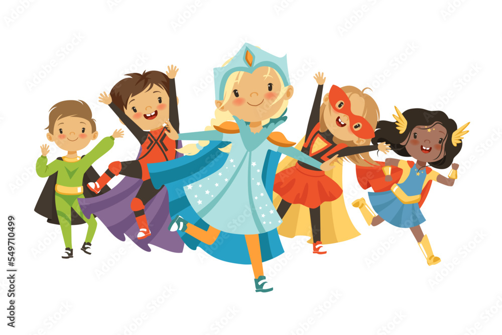 Kids heroes. children in superheroes costumes standing in action poses ...