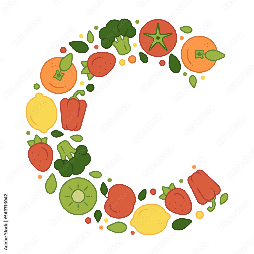 Vitamin C poster. Composition of foods rich in vitamin C in the shape ...