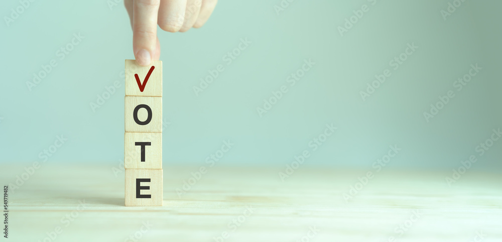 Election vote concept. Vote word with checkmark symbol on wooden cube ...