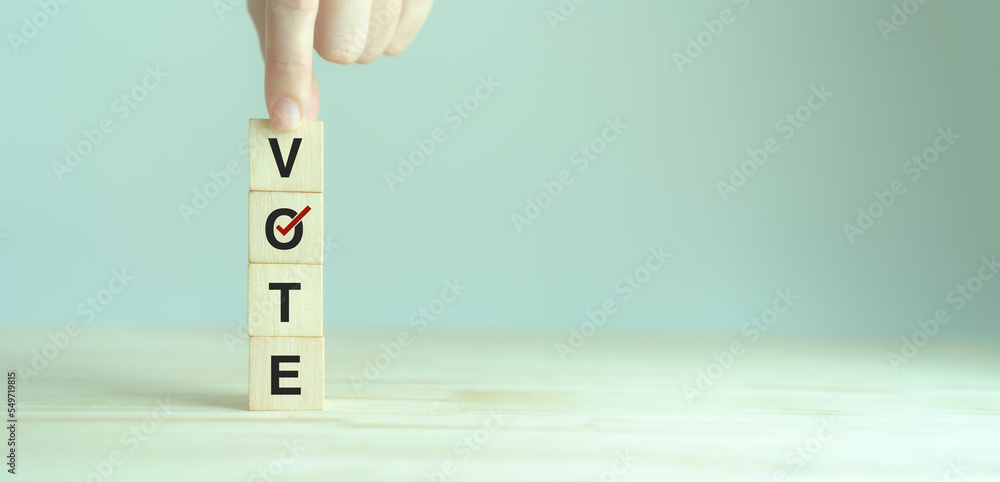 Election vote concept. Vote word with checkmark symbol on wooden cube ...