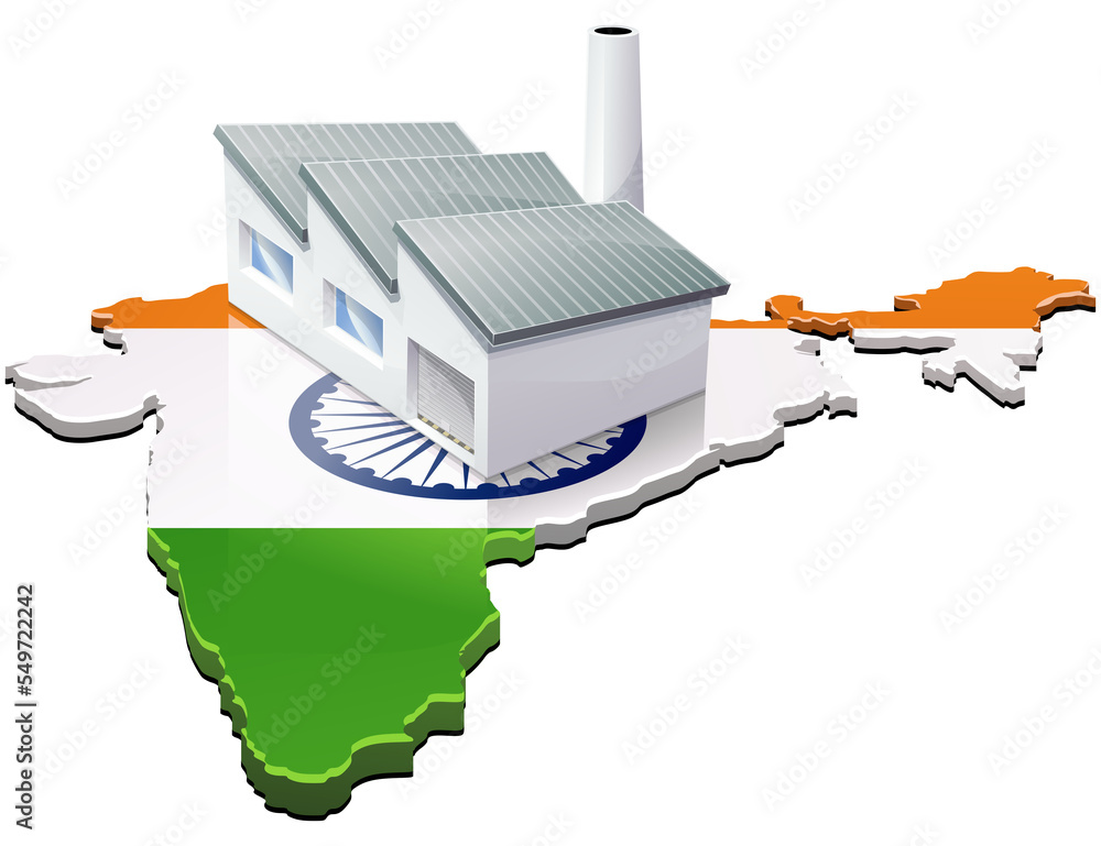 3D map of India in the colors of the Indian flag with a factory on it ...