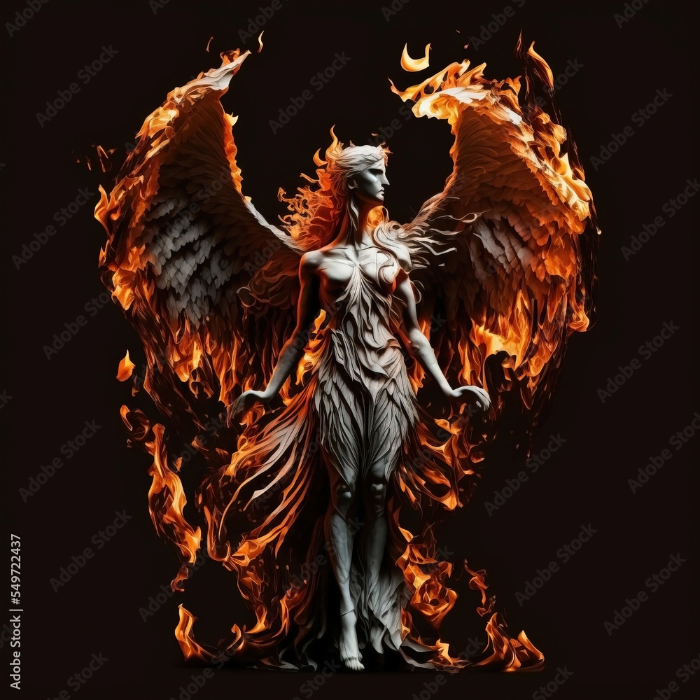 Fire female angel. Demon. Angel of light. Isolated against a dark ...