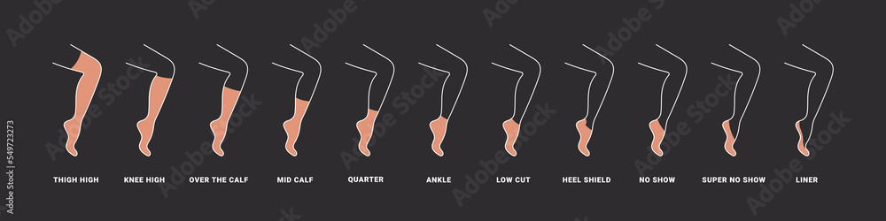 Types of socks. Set with various forms of socks on black background ...