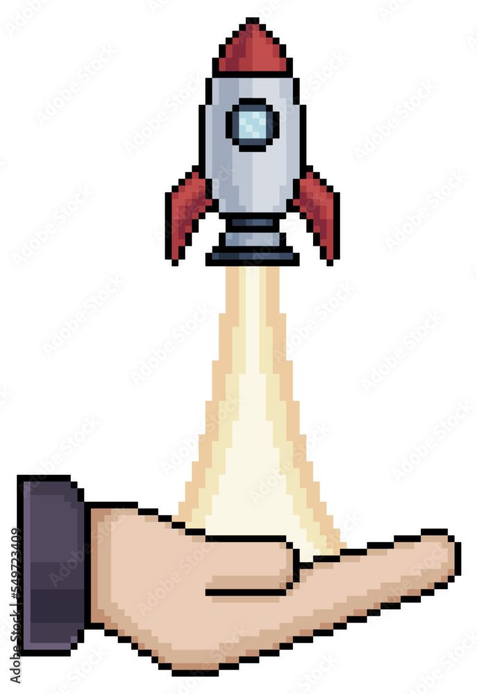 Pixel art rocket taking off by hand vector icon for 8bit game on white ...