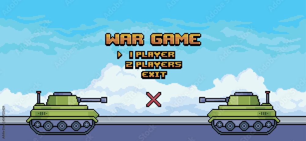 Pixel art war game splash screen with war tanks on the street, vector ...