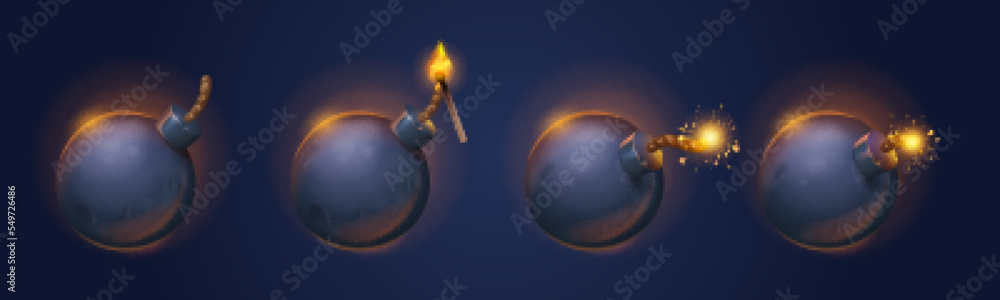 Black bomb balls with burning fuse and match with fire, explosive ...