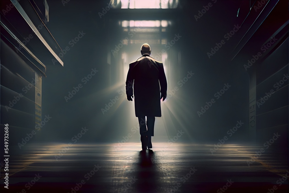 Mafia hitman in a suit, bald killer silhouette in a coat with a gun in ...
