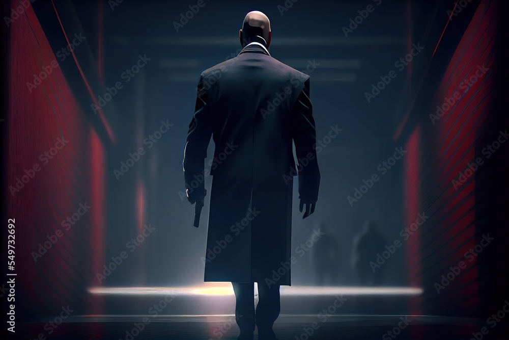 Mafia hitman in a suit, bald killer silhouette in a coat with a gun in ...