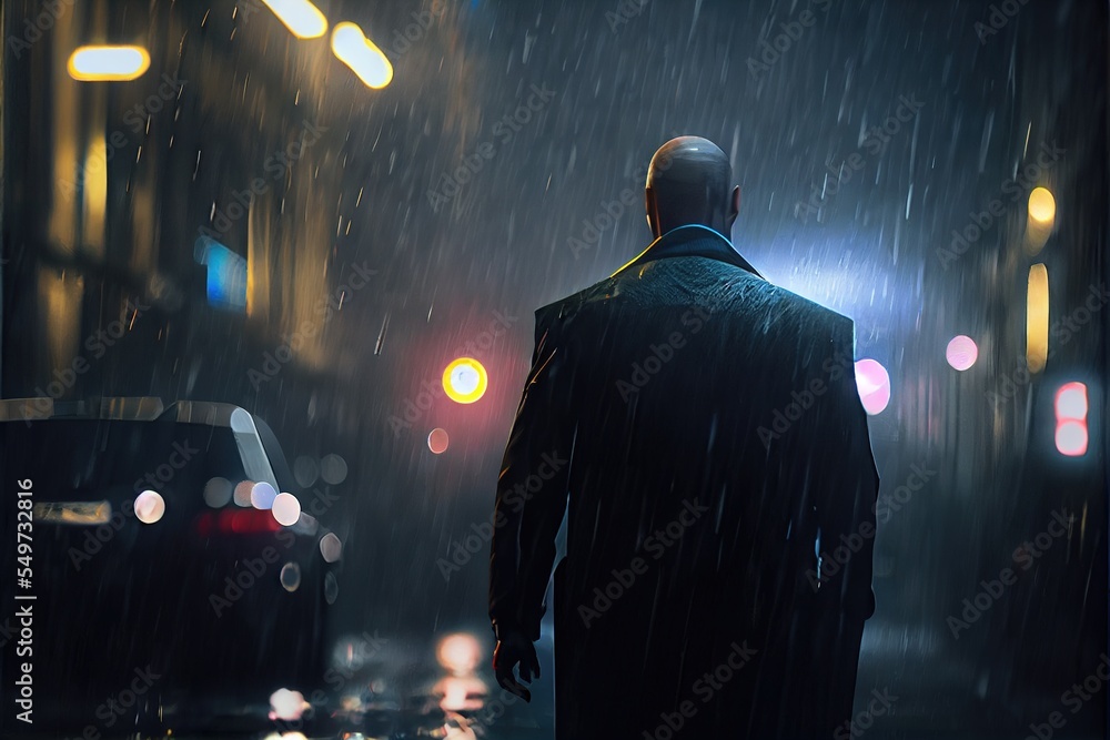 Mafia hitman in a suit, bald killer silhouette in a coat with a gun in ...