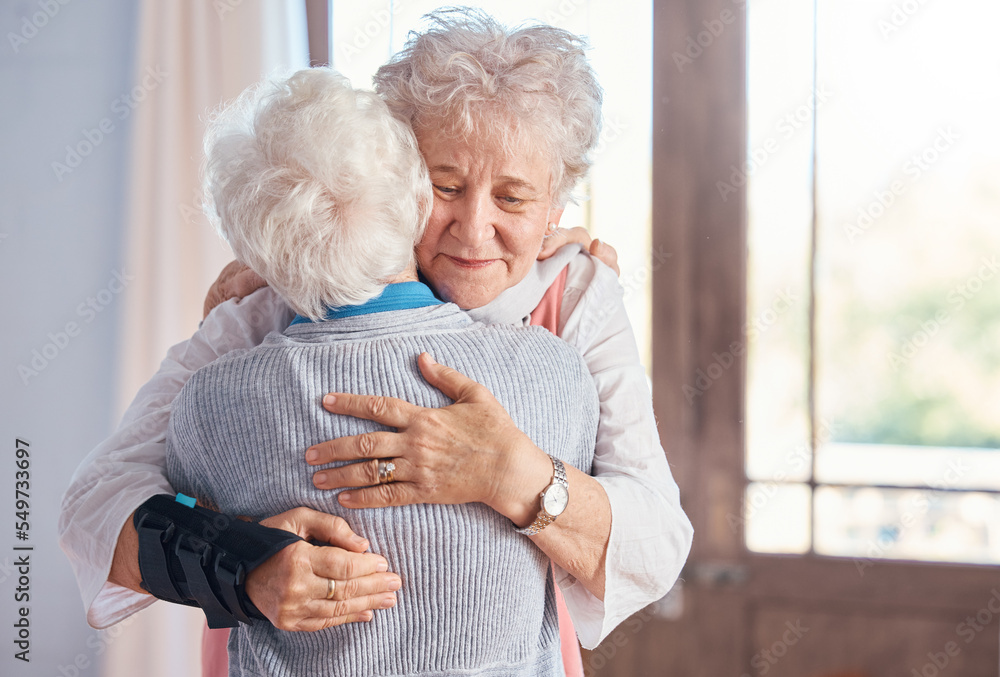 Elderly women, hug and nursing home, friends and support, comfort and ...