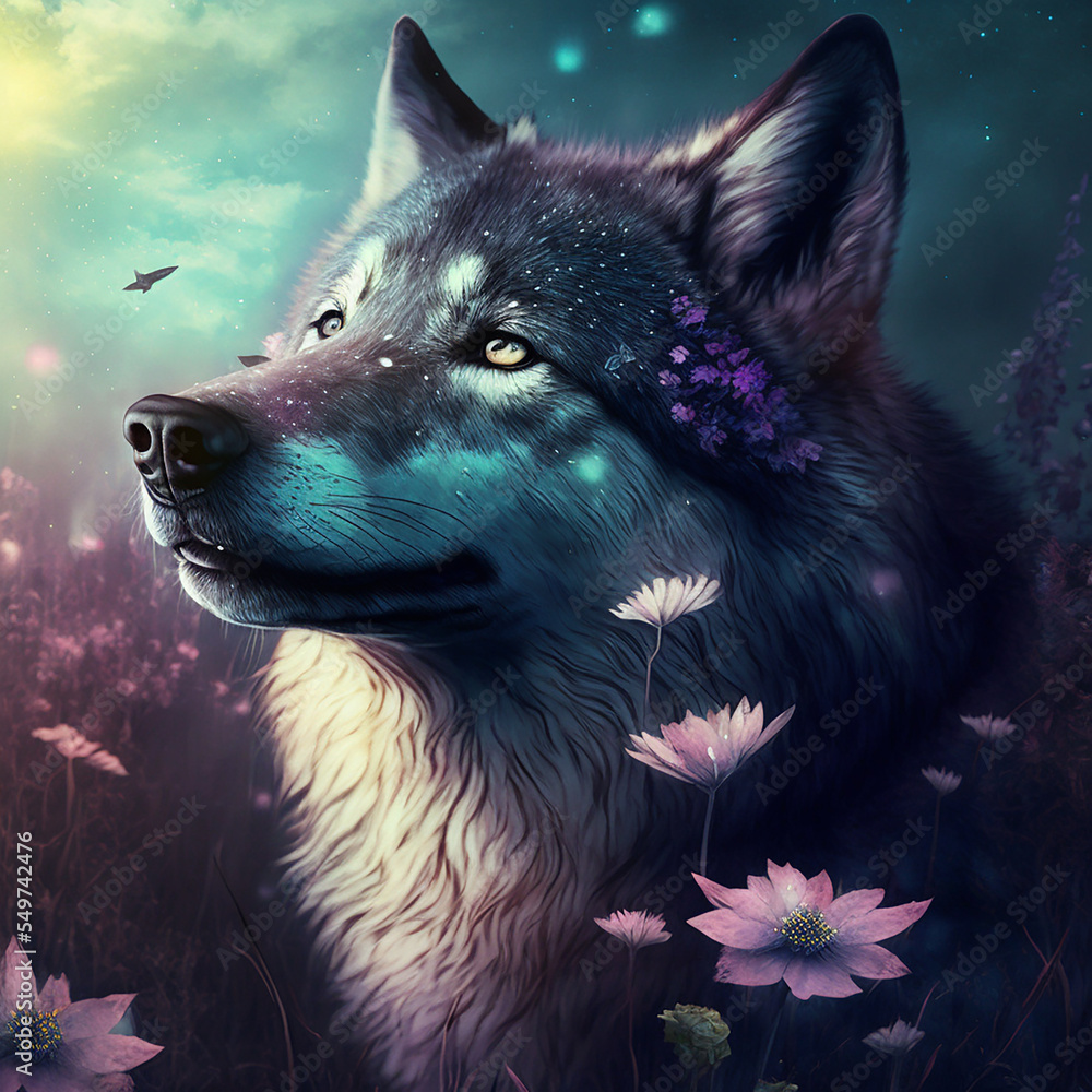 a beautiful wolf in the night surrounded by dandelions and magical ...