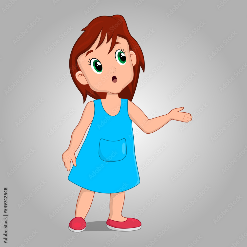 Cute Little girl thinking pose, 2d cartoon character vector Stock ...