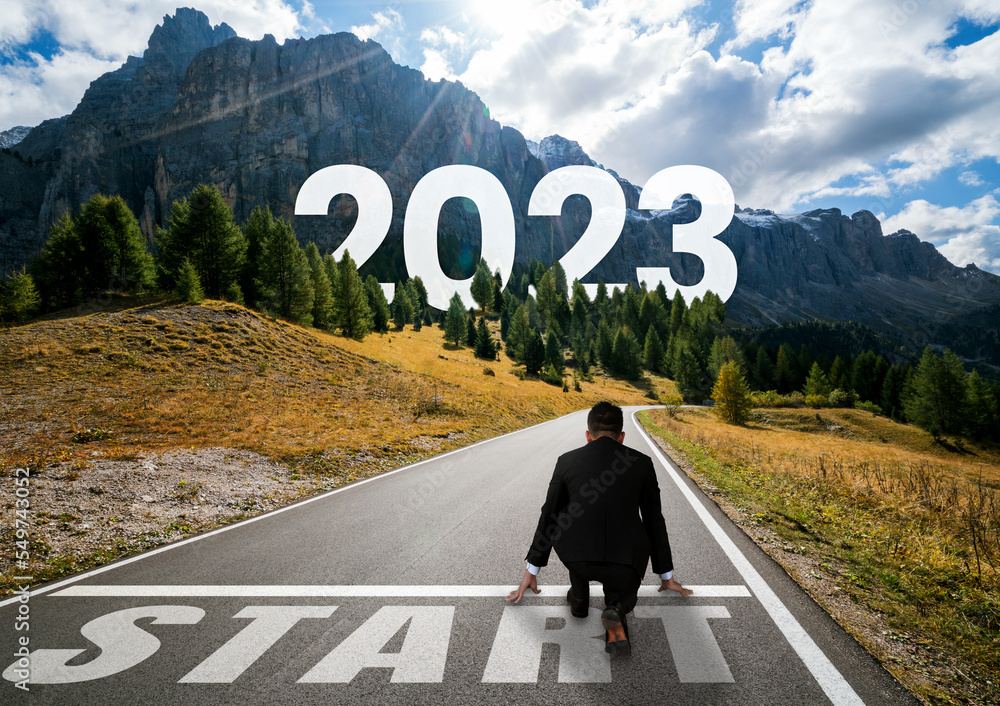 The 2023 New Year journey and future vision concept . Businessman ...