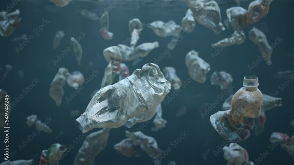 Plastic trash in water, bottles and cans floating underwater inside the ...