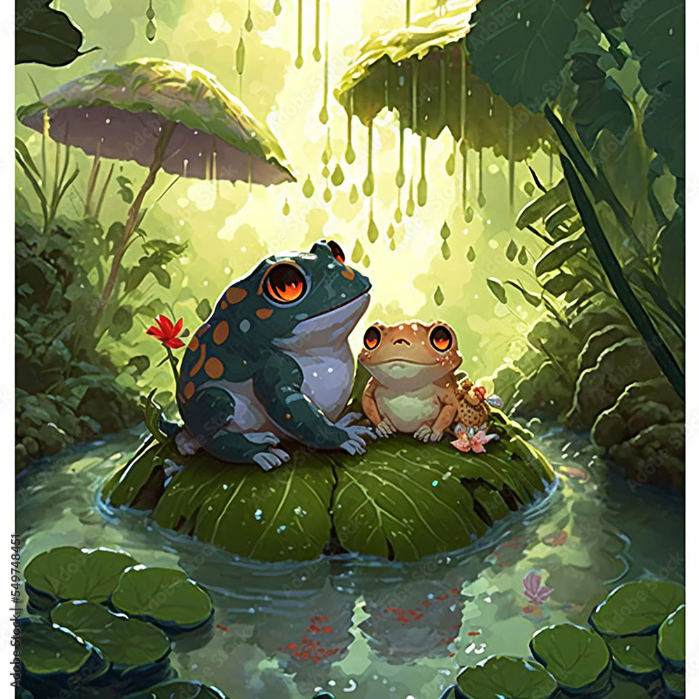 anime style, genshin impact style, cute toad and baby toad bathing in a ...