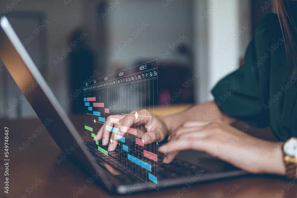 Business people check schedule on table in visual screen, meeting table ...