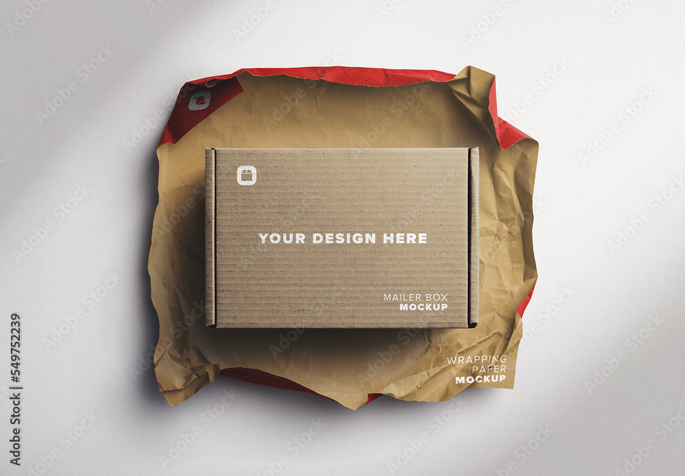 Mailer Box Mockup within Used Wrapping Paper Stock Template | Adobe Stock