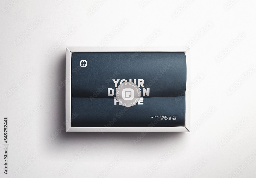 Paper Box with Wrapped Gift and Round Sticker Mockup Stock Template ...