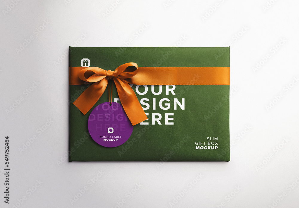 Slim Gift Box Mockup with Bow and Silk Ribbons Stock Template | Adobe Stock