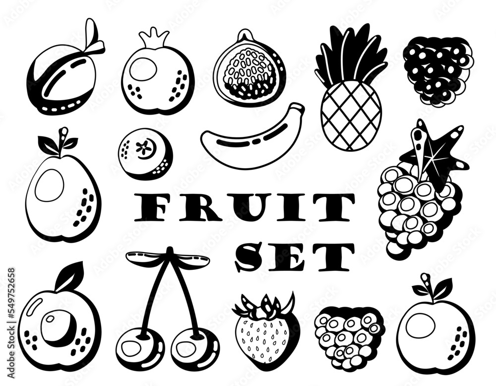 Simple outline fruit icon set isolated on white background. Doodle line ...