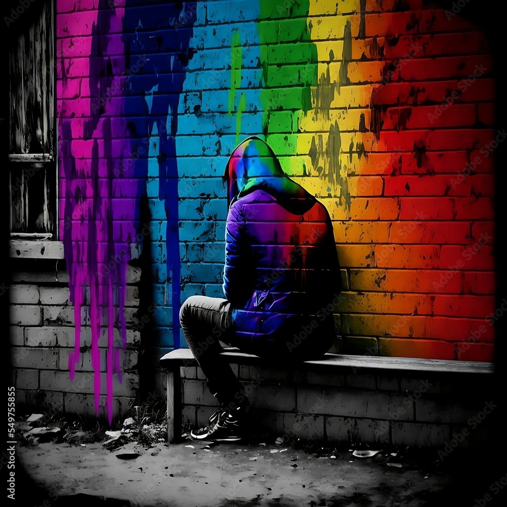 Sulking Human in Hoodie in an Alleyway with Rainbow Colored Walls ...