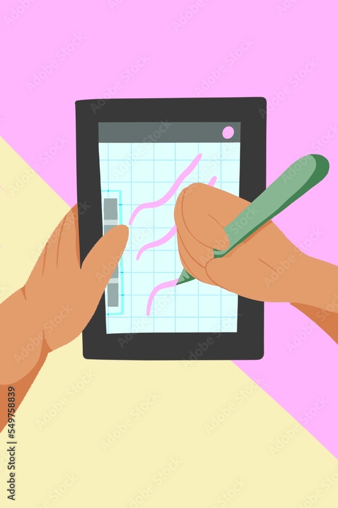 Pantalla de una tableta gráfica con una mano escribiendo en un lienzo ...