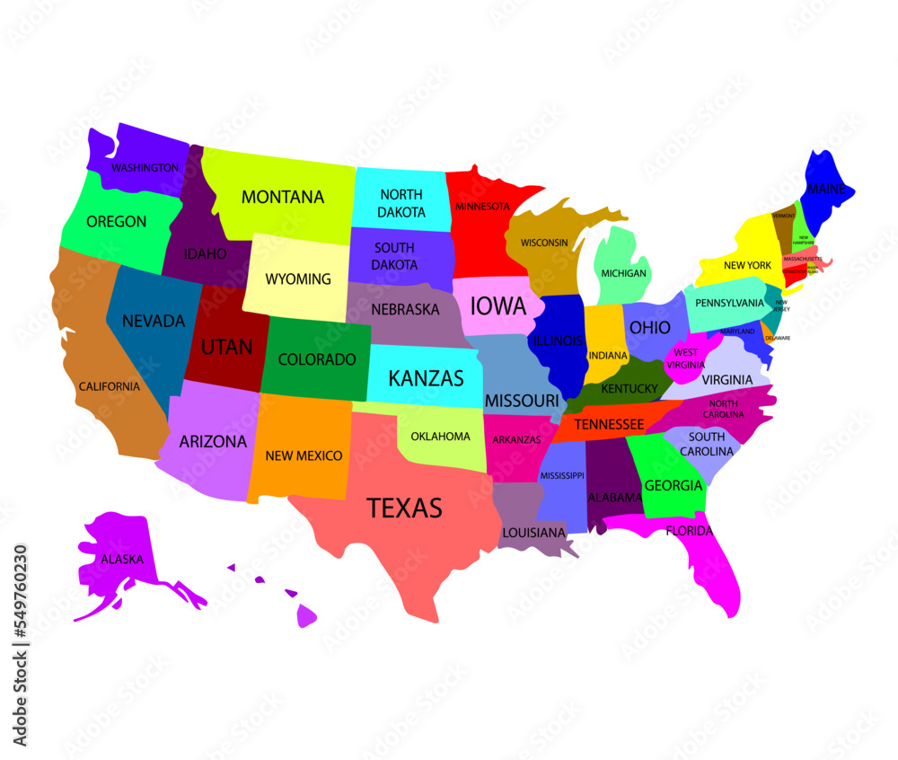 USA map with state names. Сolor map Stock Vector | Adobe Stock