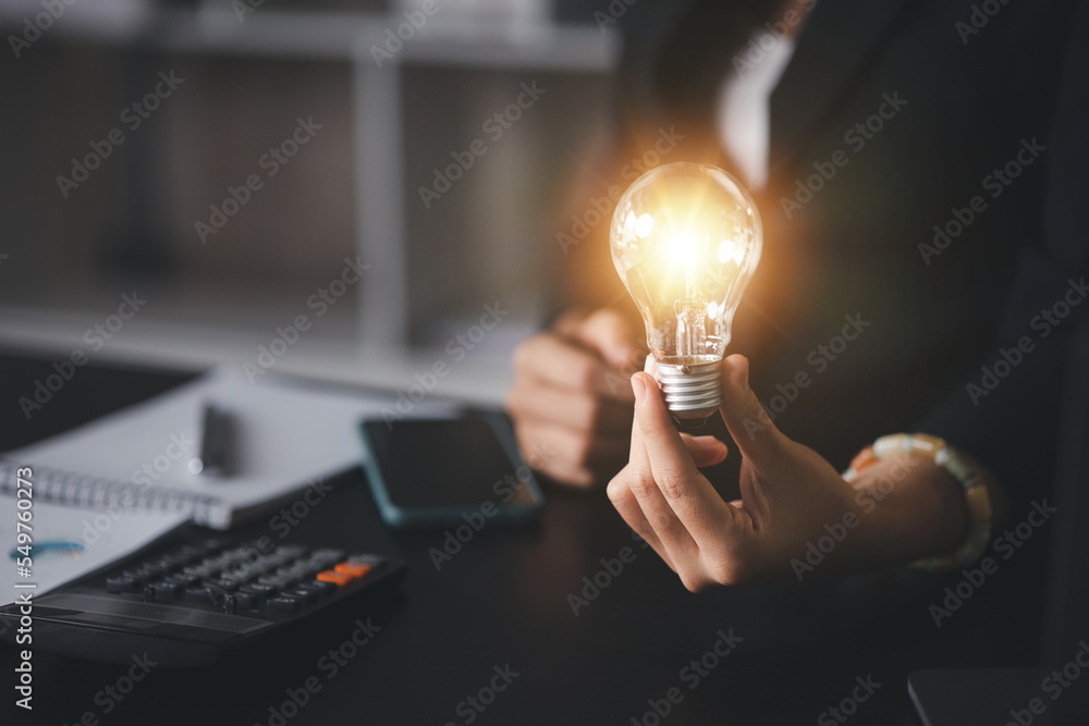 Person hold glowing light bulb, Creative new idea. Innovation ...