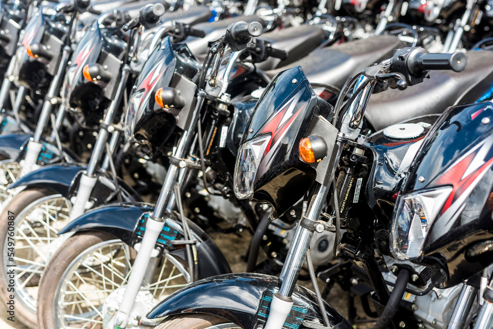Bohol, Philippines - Oct 2022: Rows of Kawasaki Bajaj 125 motorcycles ...