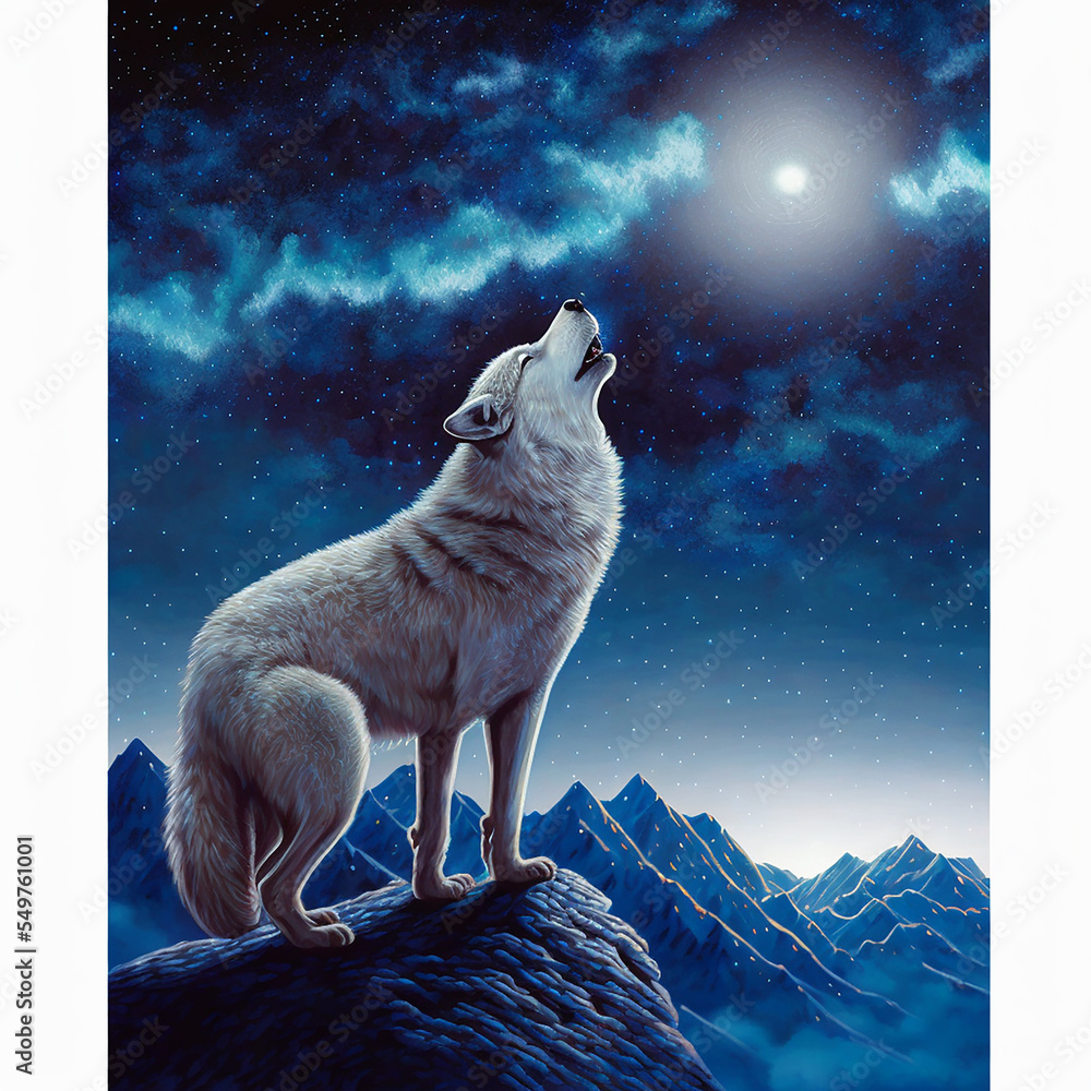 a white wolf howling at a starry sky, mountain landscape under the ...