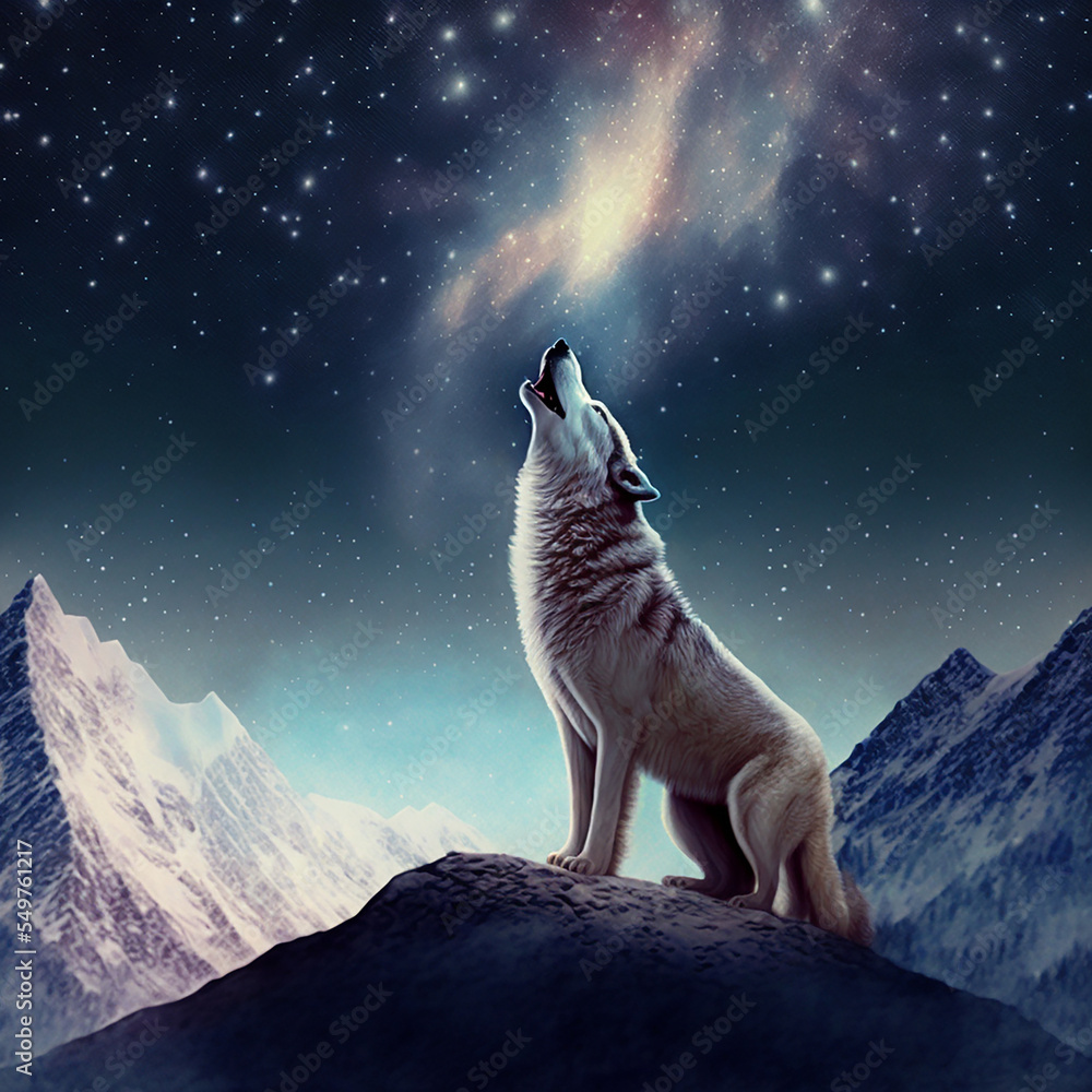 a white wolf howling at a starry sky, mountain landscape under the ...