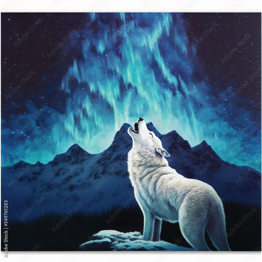 a white wolf howling at a starry sky, mountain landscape under the ...