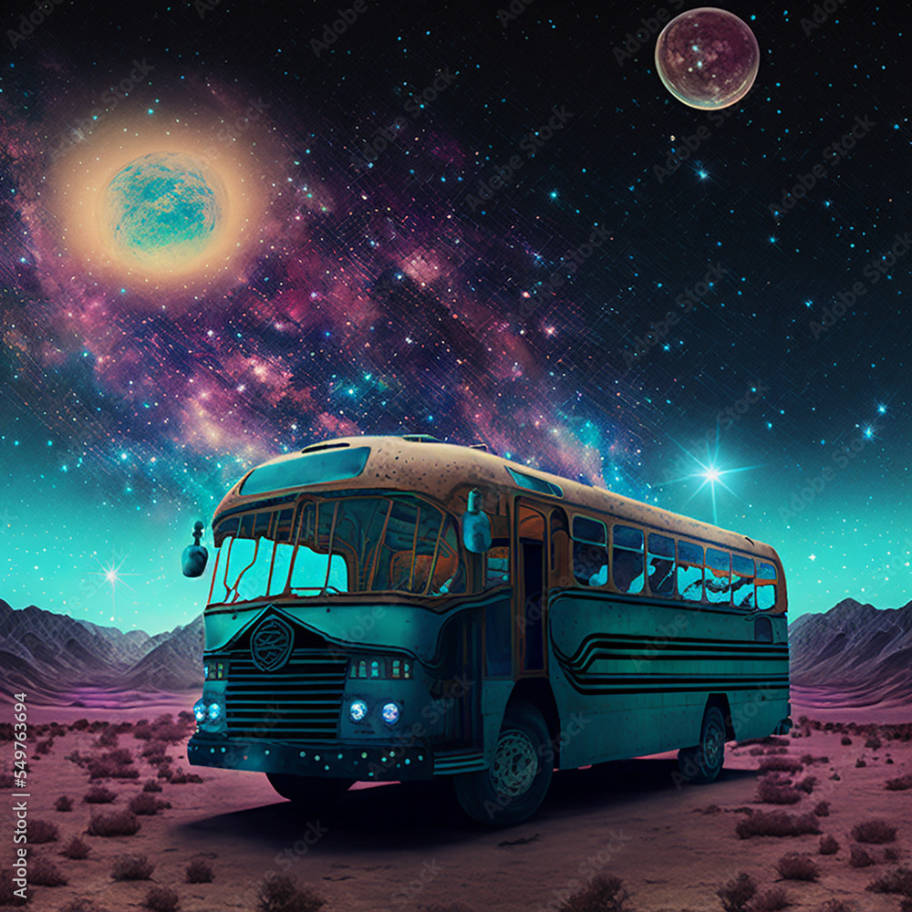 school bus in the desert ,cosmos and stars, vibrant, galaxies and sea ...