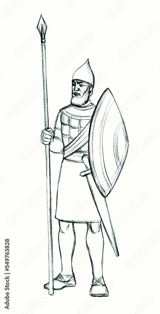 Ancient warrior with a spear. Pencil drawing Stock Illustration | Adobe ...