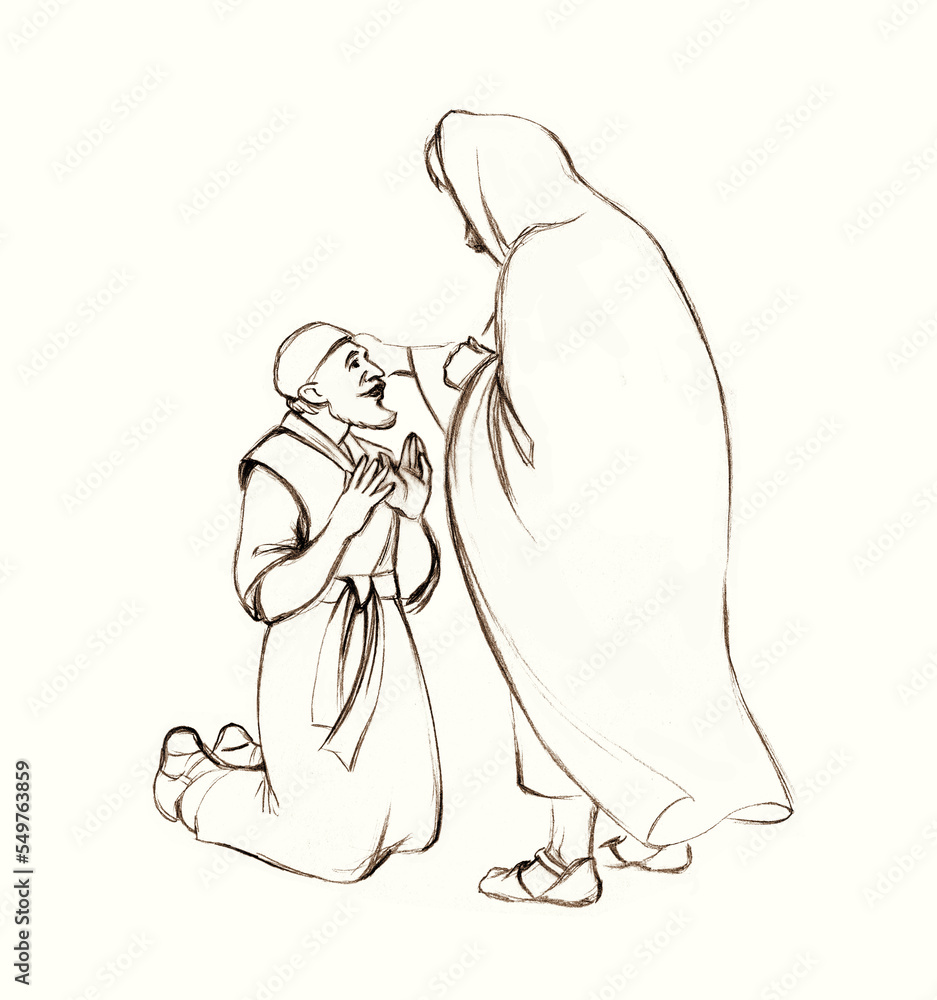 Jesus heals the sick. Pencil drawing Stock Illustration | Adobe Stock