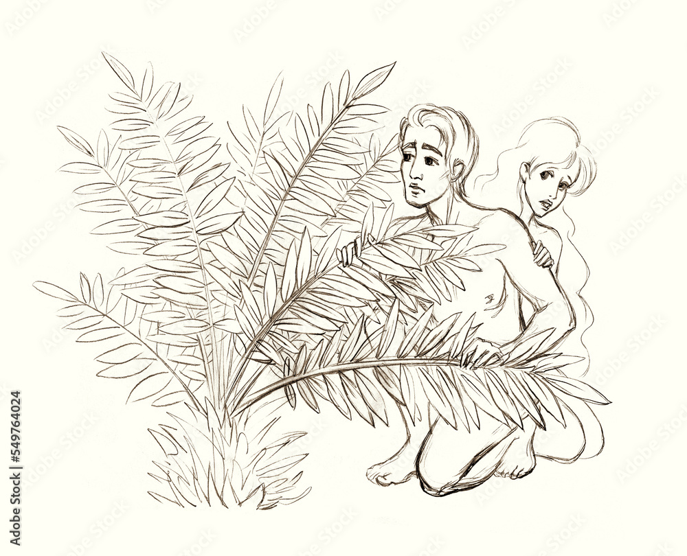 Adam and Eve were afraid of God and hid. Pencil drawing Stock ...