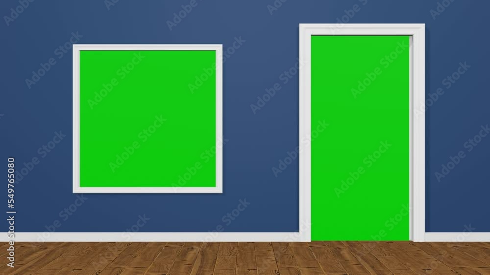 Blue room door and window opening to the inside, Green screen behind ...