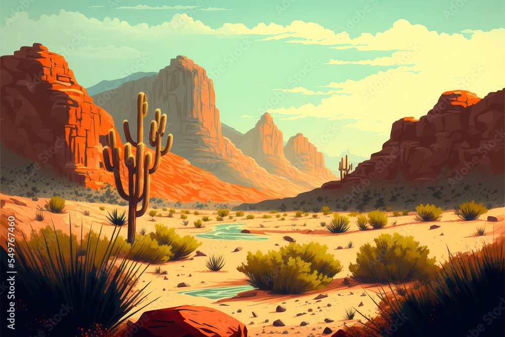 Desert Arizona landscape, dry cactus valley with intense orange dusty ...