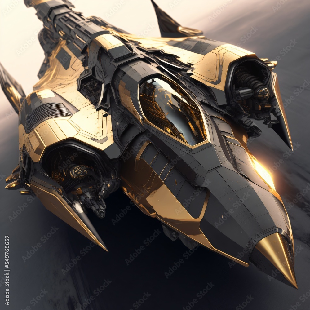 futuristic black spaceship with gold details, fly, streamlined, black ...
