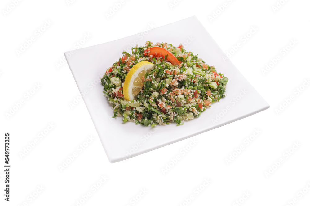 Arabic dish tabbouleh on a square white plate Stock Photo | Adobe Stock