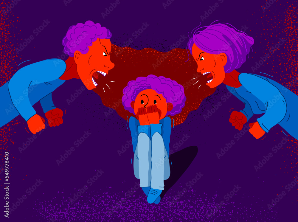 Parents abusers screams and shout on scared little kid boy their son ...