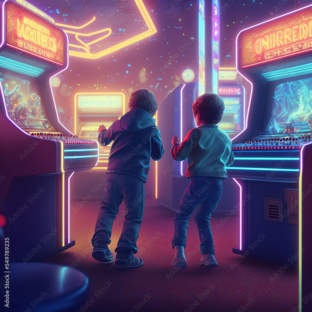 2 kids playing at an arcade, volumetric lights, 80's vibes, atompunk ...