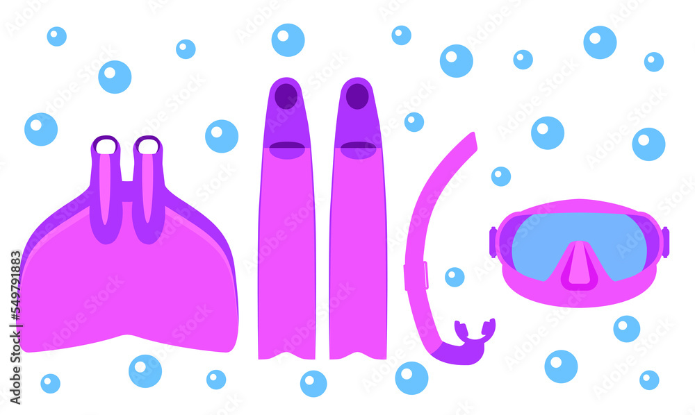 snorkeling illustration, set of pink snorkeling equipment: monofin ...