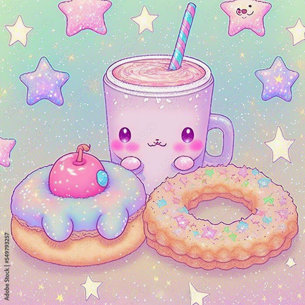 adorable cute kawaii donut breakfast, shake, juice , Christmas holiday ...