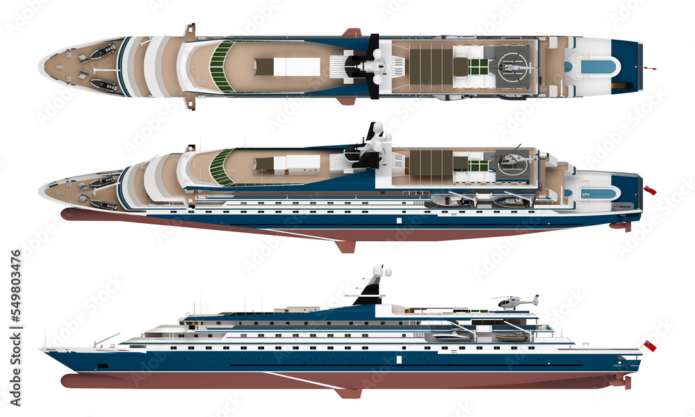 large long expedition ship side and top view isolated. 3d rendering ...